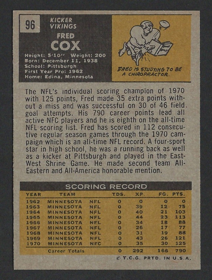 1971 Topps #96 FRED COX Minnesota Vikings NM - Nerf Football Inventor ...