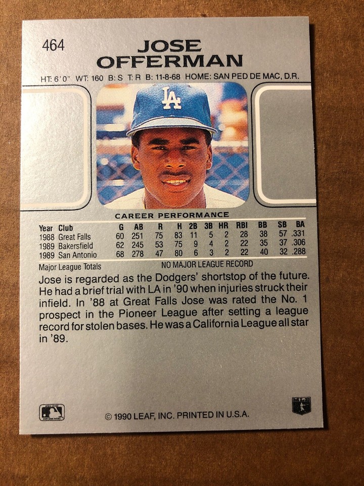 Jose Offerman 1990 Leaf Rookie Card #464, MINT (BIGJ’S) Los Angeles ...