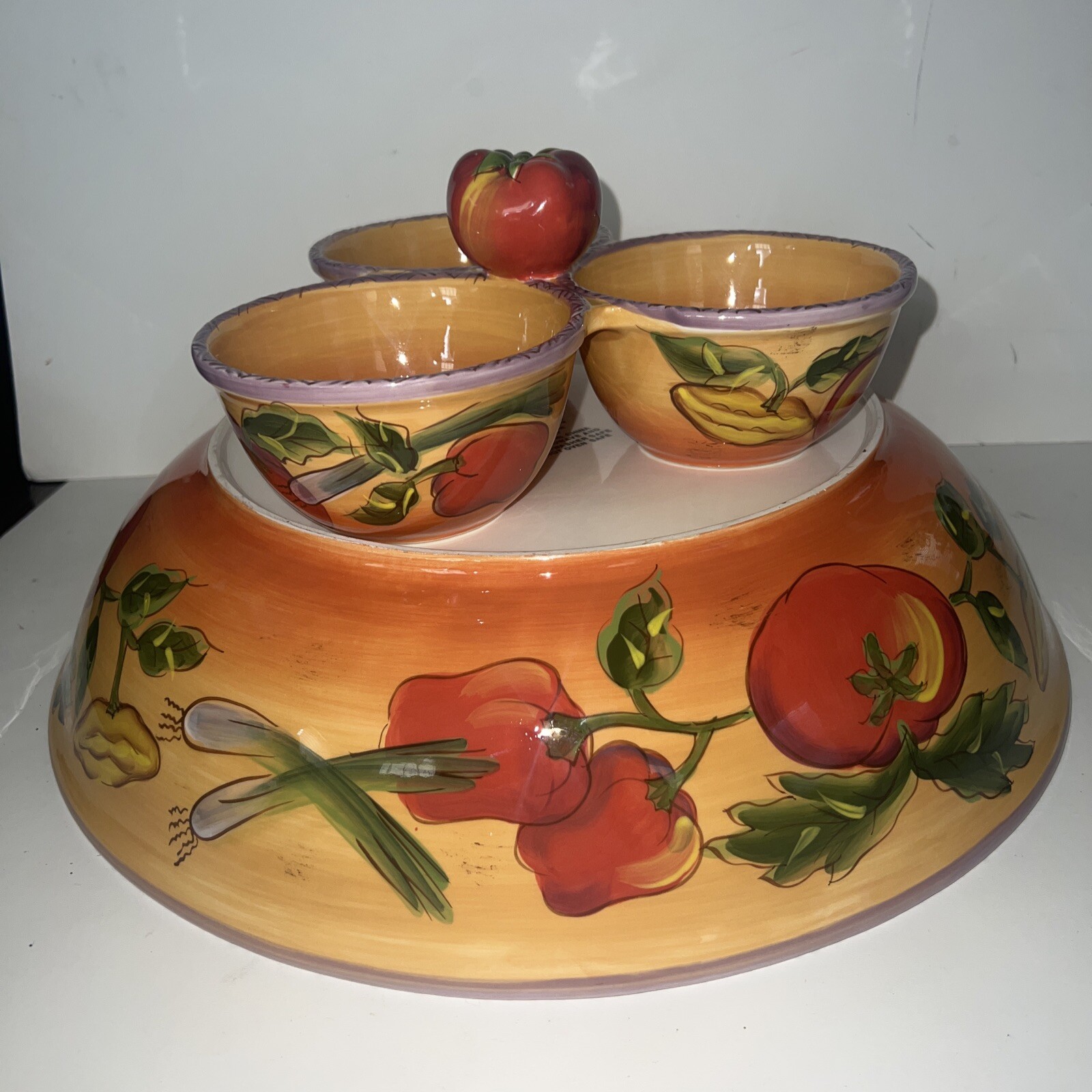 Les Jardins Clay Art Hand Painted Stonelite Bowl And 3 Section Dip Tray ...
