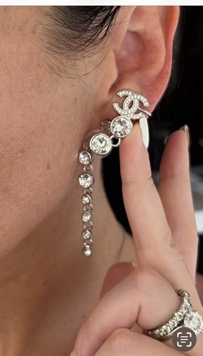 CHANEL 2023 Strass CC Graduated Drop Crystal CC Long Drop Earrings ...