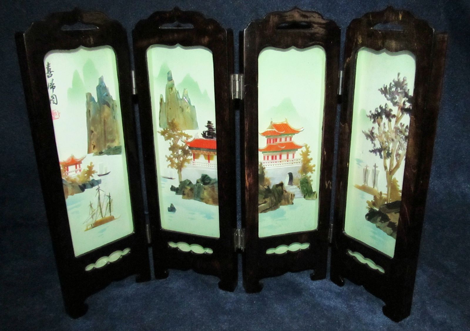 Oriental Small Decorative Four Wood Panels Hand Painted Shells Table ...