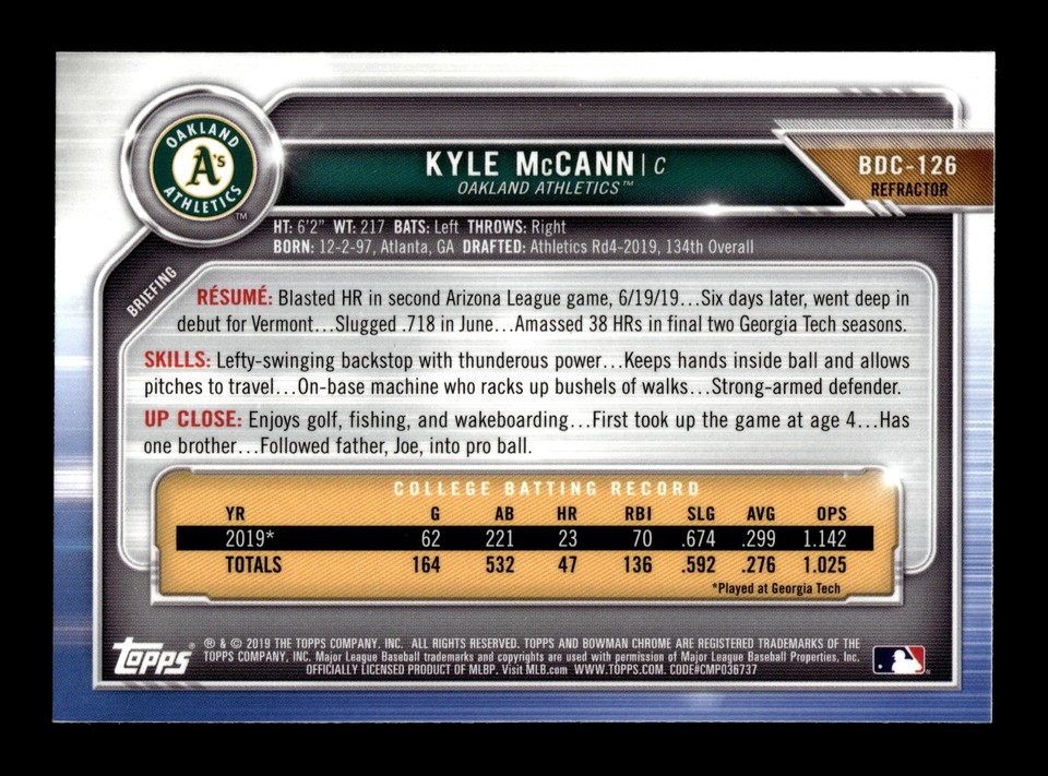 Kyle McCann 2019 Bowman Draft Baseball #BDC-126 Chrome Refractor SP ...