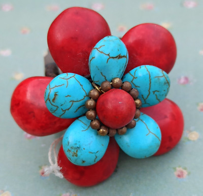 Massive Chunky Ring 3d Flower Cluster Turquoise & Red Gemstone Natural ...