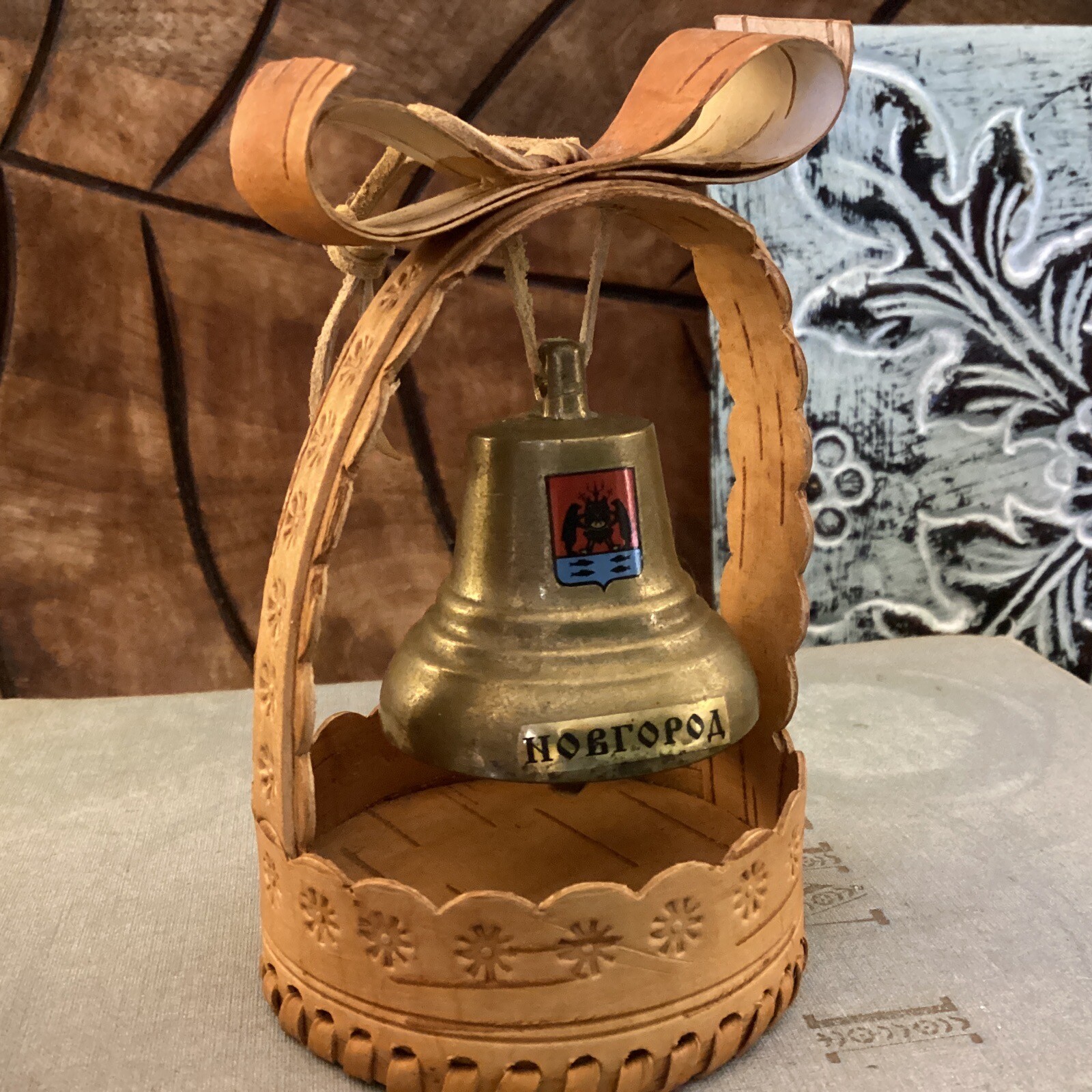 Veiliky Novgorod crest on Brass Color bell in birch holder coat of arms ...