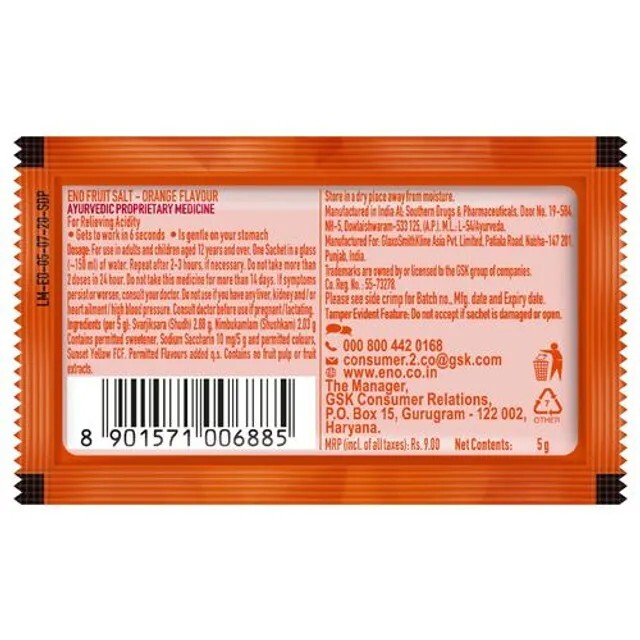 15 x Eno Orange Flavour 5g 5 gram sachet antacid fast relief from ...