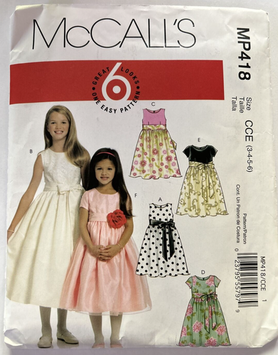 McCalls MP418 Pattern Girls Lined Dresses and Sash Size 3-4-5-6 Uncut ...