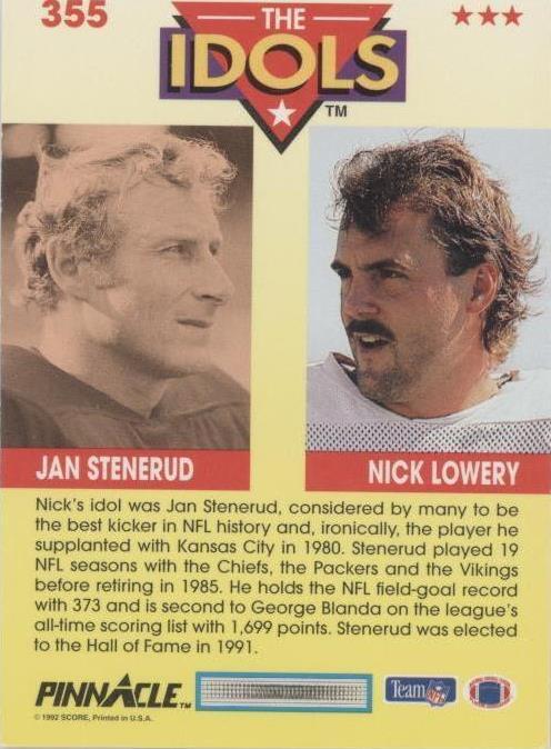 1992 Pinnacle Jan Stenerud Nick Lowery #355 for sale | eBay
