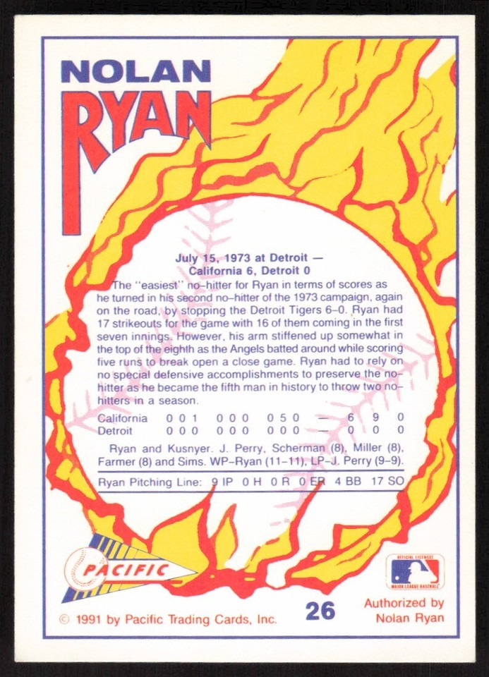 1991 Pacific No-Hitter Number 2 #26 Nolan Ryan California Angels | eBay