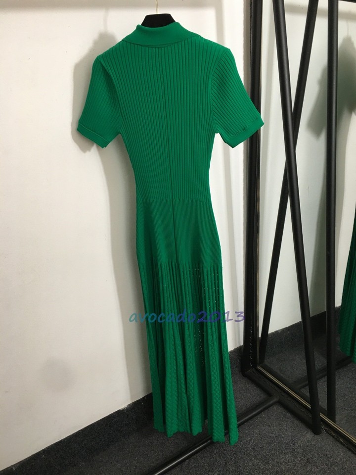 Sandro Women Summer Short Sleeve Elegant Green Lapel Knitted Long Dress ...