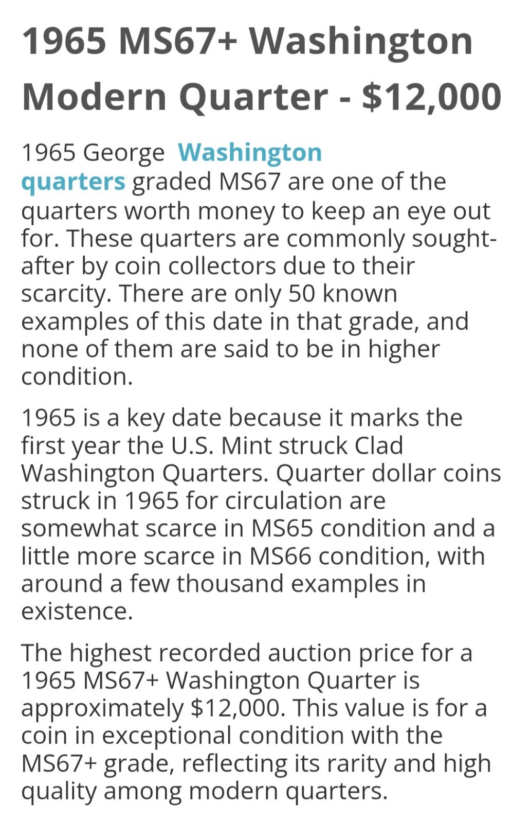 1965 George Washington Clad Quarter DDO Error No Mint Mark EXTREMELY ...