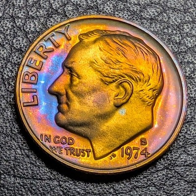 1974 S Roosevelt Proof Dime Rainbow Toned GEM Golden Sunset Colors ...