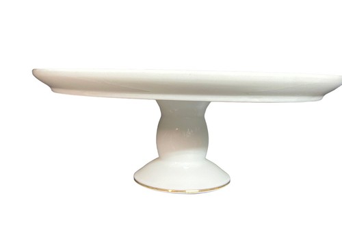 10-inch Classic White Round Cake Stand Pedestal. Gold Trim “Let’s Celebrate” | eBay