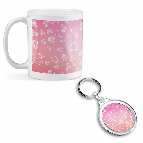 Mug & Round Keyring Set - Pretty Pink Love Hearts Girlfriend Fiance ...