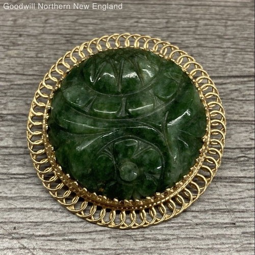 Unmarked Tests 14K Yellow Gold Carved Jade Pin Brooch Pendant 1 1/4" 10 ...