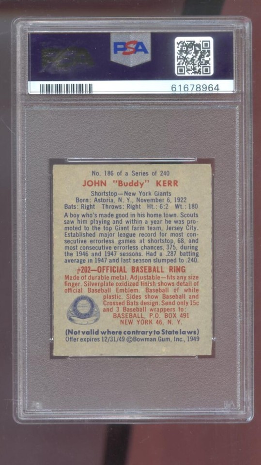 1949 Bowman #186 John Buddy Kerr PSA 5.5 Graded Baseball Card New York ...
