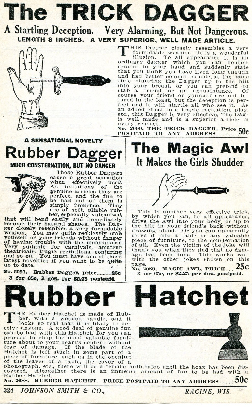 1926 Print Ad of Rubber Hatchet & Dagger, Trick Dagger, Magic Awl girls ...