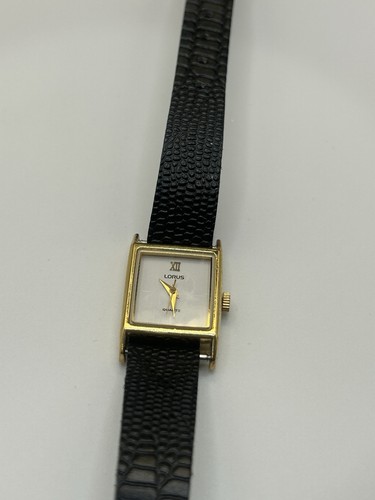 Vintage Lorus Tank Watch GoldWhite Tone Black Leather Band Ladies V233 ...