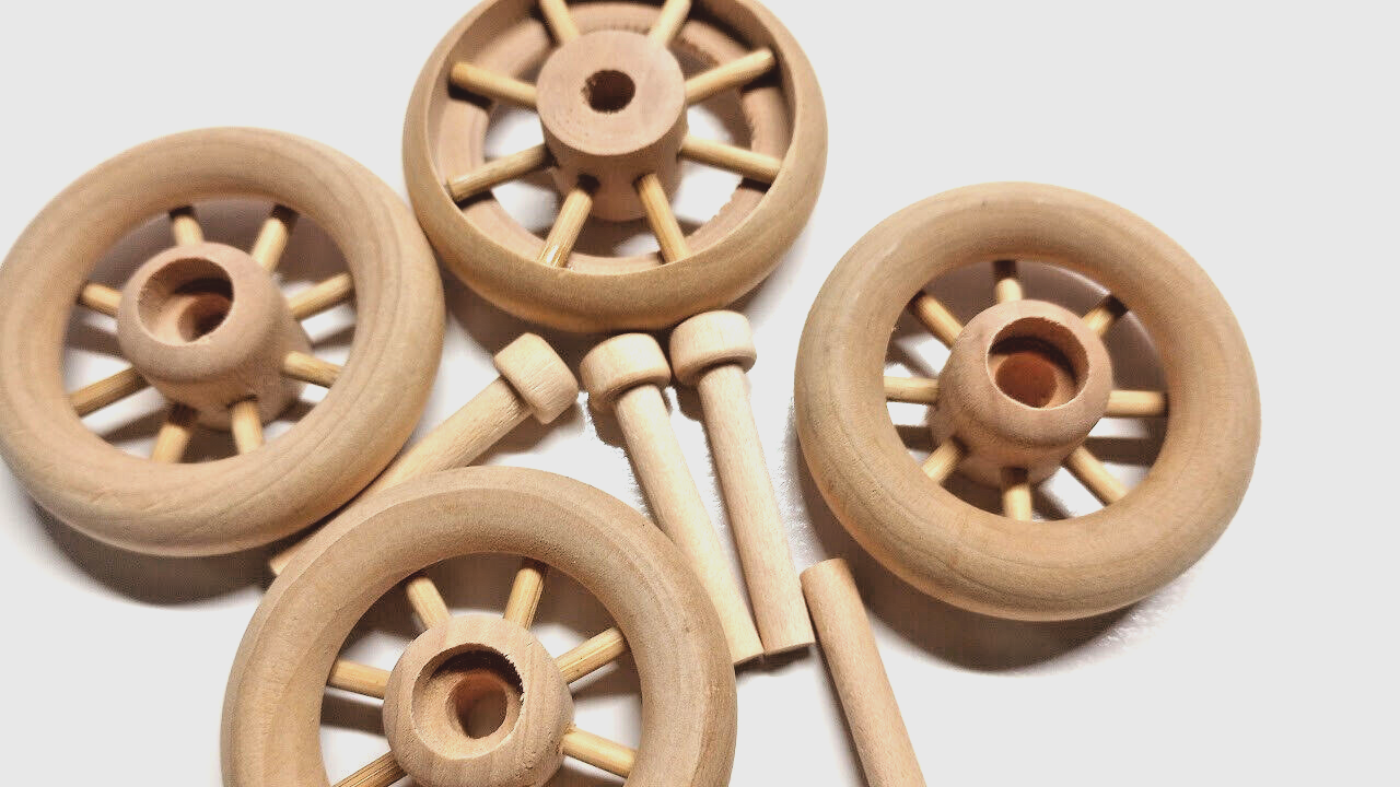 4 Spoked Wood Toy Wheels 2 Inch Diameter with Axle Pegs Wood Spoke Toy ...
