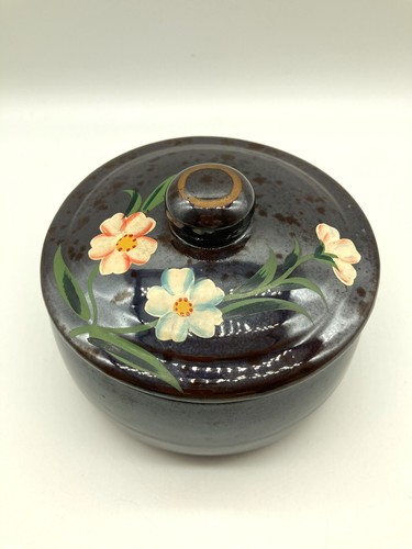 Vtg Boho Redware Ceramic Hand Painted Lidded Trinket Dish Box Jar Brown ...