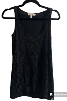 KENAR WOMEN'S BLACK SLEEVELESS TANK LACE OVERLAY FRONT COTTON BLEND TOP ...