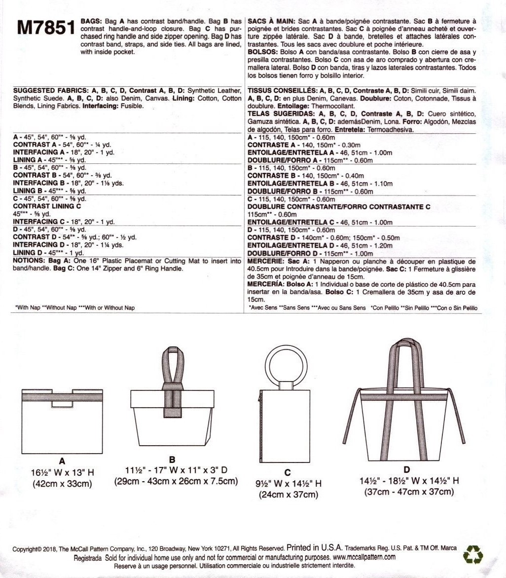McCalls Sewing Pattern 7851 M7851 Bags Handbags Sewing Pattern | eBay