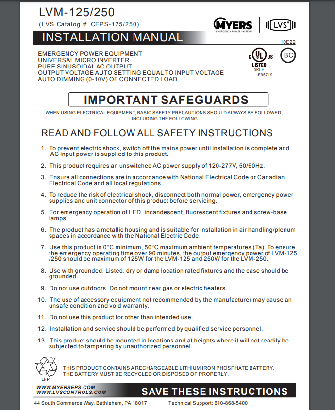 Myers Emergency Power Systems LVM-250 Illuminator Power Inverter – 125W ...