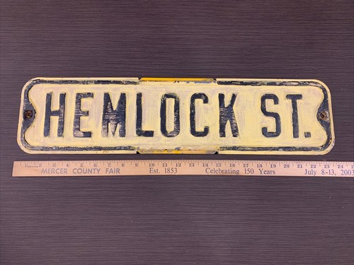 Vtg HEMLOCK ST Street/Road Sign 24 "x 6" Pressed/Embossed/Raised Steel ...