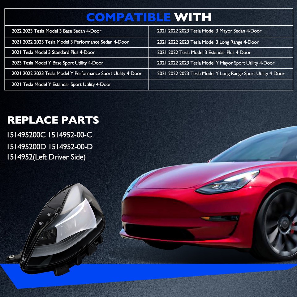 LED Headlight Headlamp Assembly Left Side For 2021-2023 Tesla 3 Y ...
