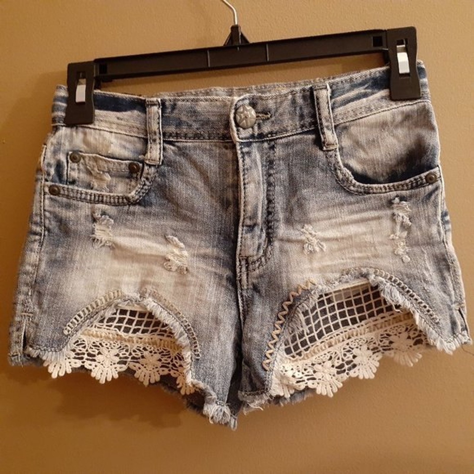 Vanilla Star Boho Crochet Denim Cut Off Jean Shorts S… - Gem