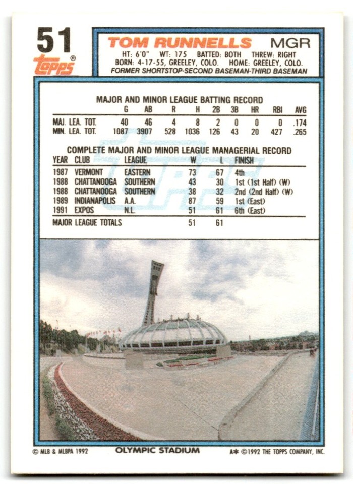 1992 Topps Tom Runnells Montreal Expos #51 | eBay