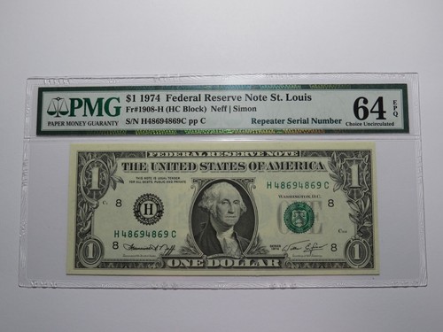 $1 1974 Repeater Serial Number Federal Reserve Currency Bank Note Bill ...