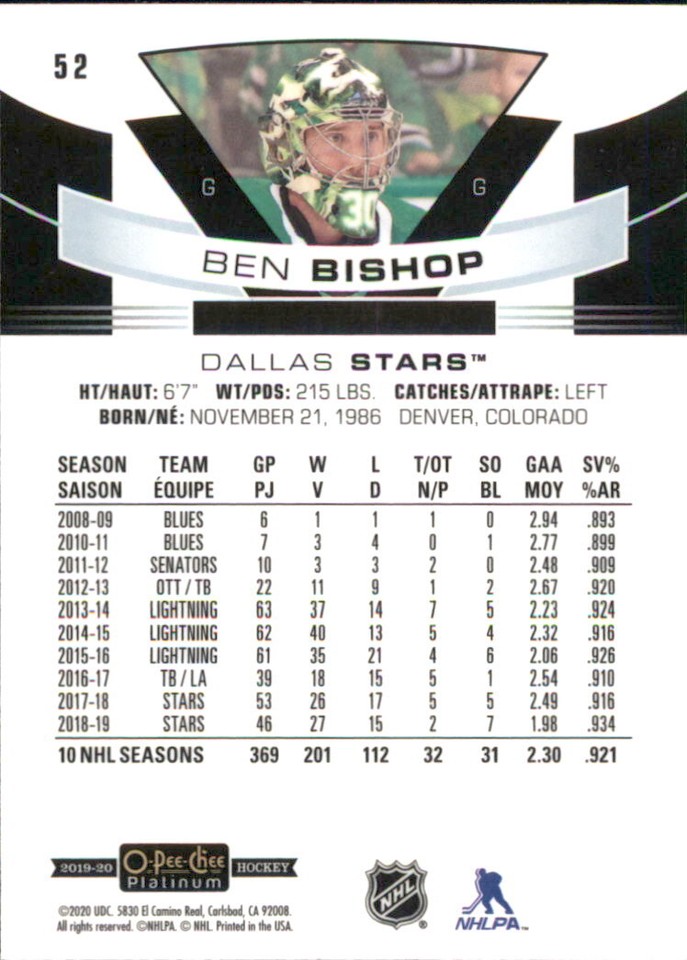 2019-20 O-Pee-Chee Platinum #52 Ben Bishop | eBay