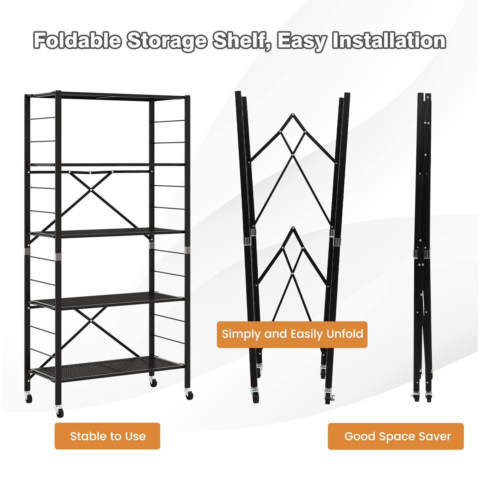 Foldable 5-Tier Storage Shelves Adjustable Collapsible Organizer Rack w ...