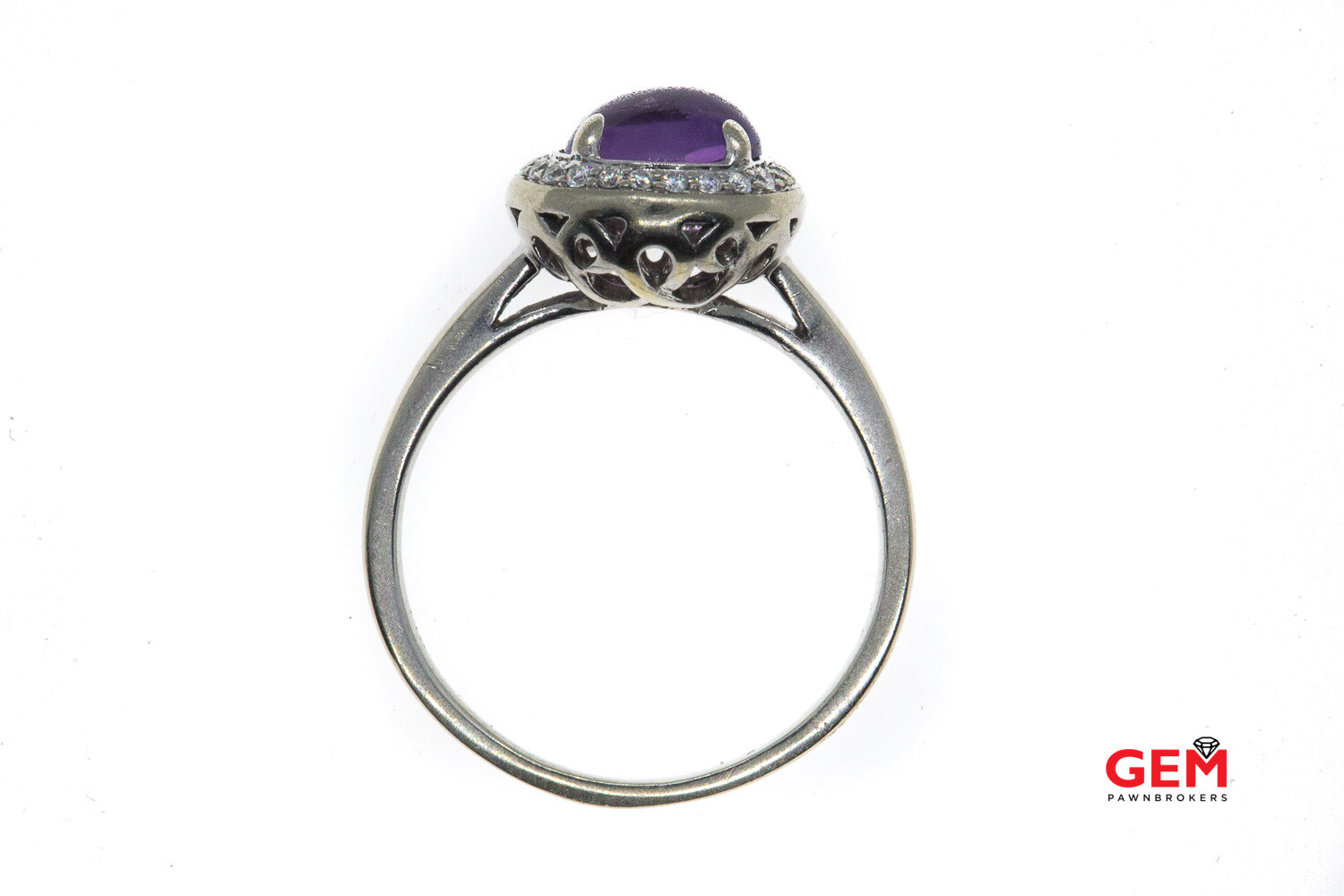 JLJ Hakimi Natural Amethyst & Diamond Halo 14K 585 White Gold Ring Size ...