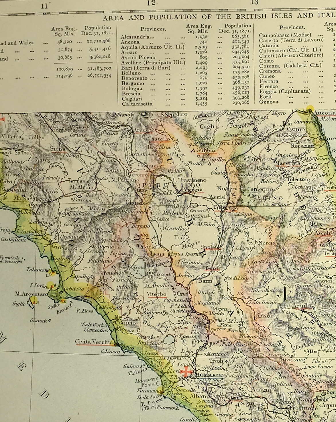 1882 LETTS MAP CENTRAL ITALY NAPLES POMPEII ANCIENT ROME UMBRIA ELBA ...