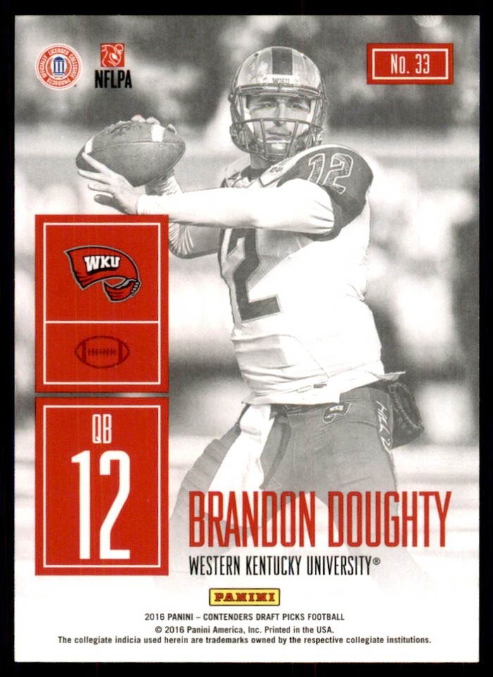 2016 Panini Contenders Draft Picks Game Day Brandon Doughty Rookie WKU ...