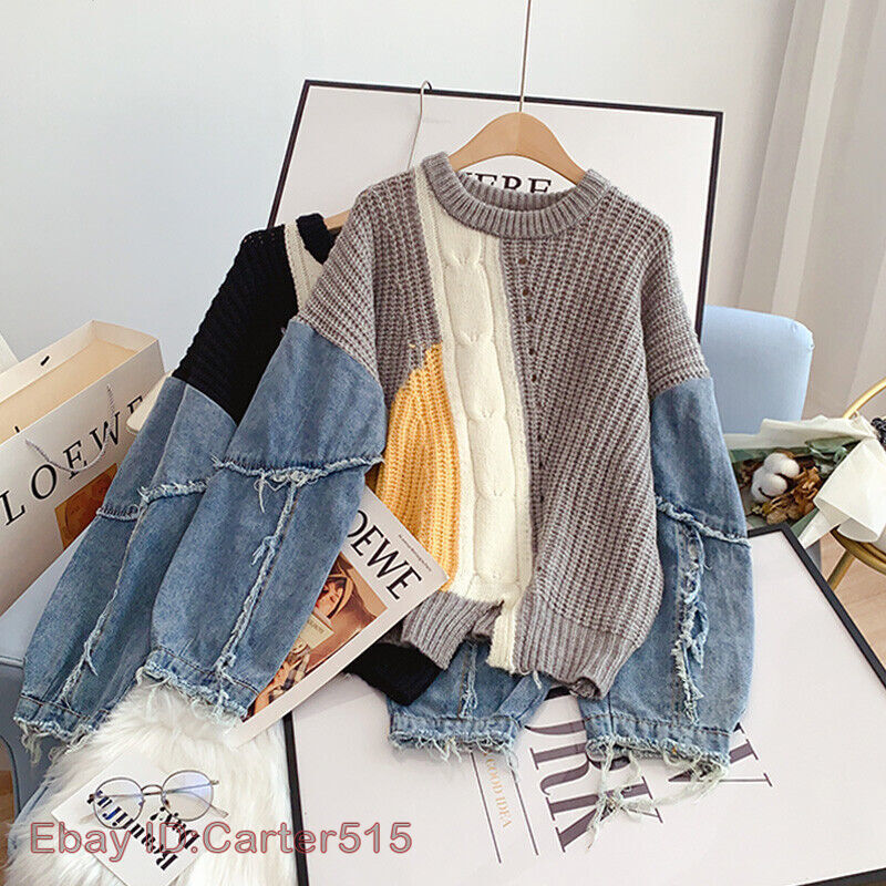Women's Denim Sleeve Patchwork Sweater Autumn Winter Loose Lazy Knit ...