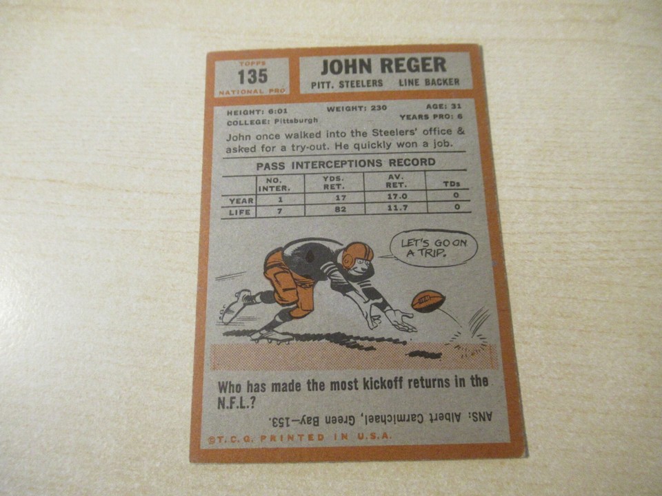 1962 TOPPS FOOTBALL JOHN REGER #135 SP PITTSBURGH STEELERS HIGHER GRADE ...