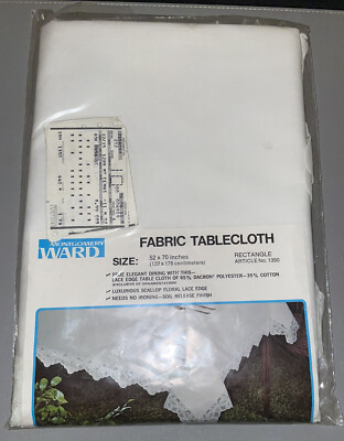 Vintage Montgomery Ward White Linen Rectangle Tablecloth Lace Scalloped ...