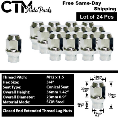 24Pc CHROME M12x1.5 EXTENDED THREAD ET STYLE LUG NUT FIT ALL CAPABLE ...