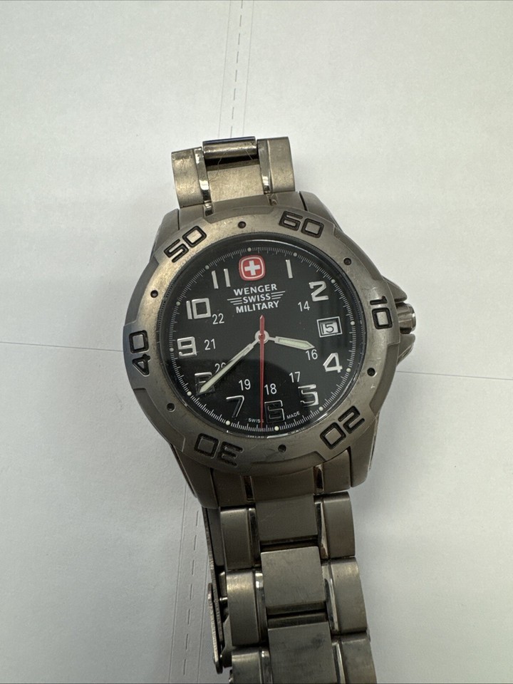 Wenger Swiss Military Titanium Watch Men Silver Tone Date Round New ...