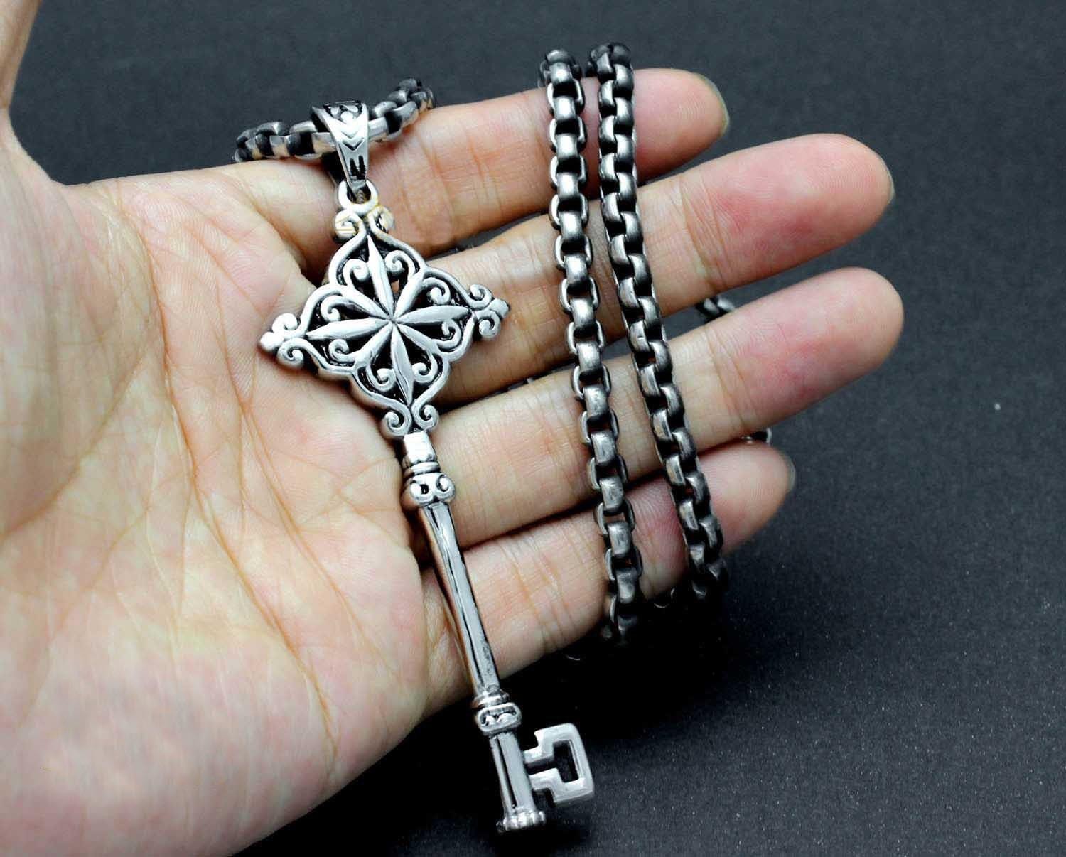 Men's Silver 316L Stainless Steel Unique Huge Key Pendant Necklace ...