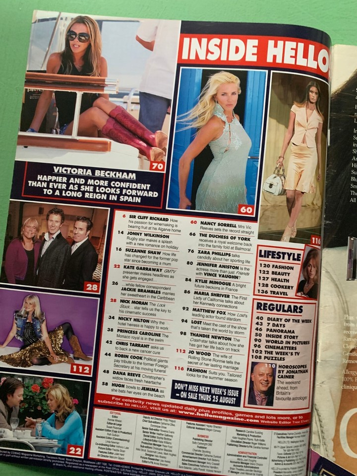 HELLO 25-Aug-2005 VICTORIA BECKHAM Suzanne Shaw Zara Phillips Maria ...