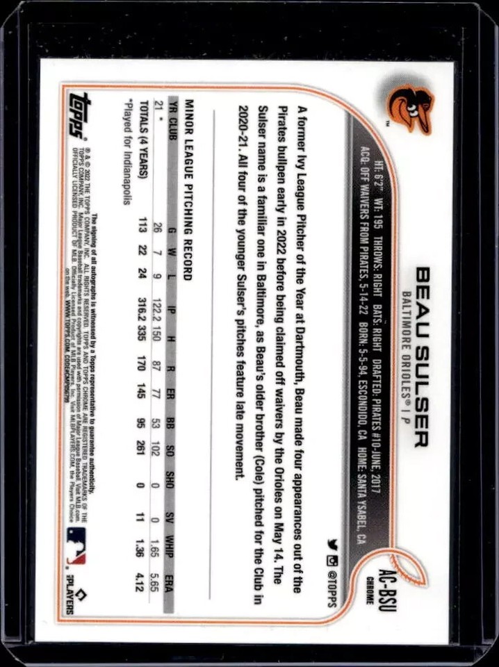 Beau Sulser 2022 Topps Chrome Rookie Autograph Auto RC #AC-BSU Orioles ...
