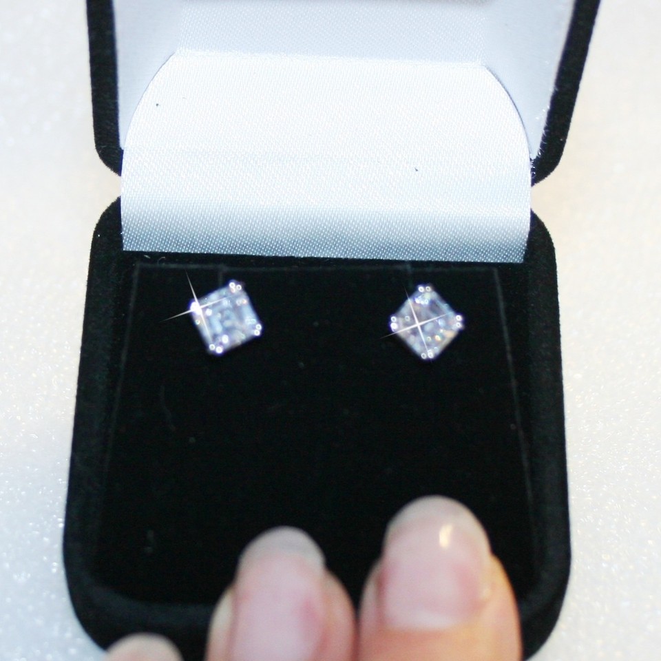Asscher Cut Austrian Zircon Stud Earrings White Gold 14k over 925 SS | eBay