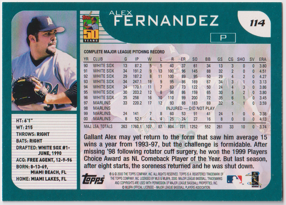 2001 Topps HTA #114 Alex Fernandez Florida Marlins | eBay