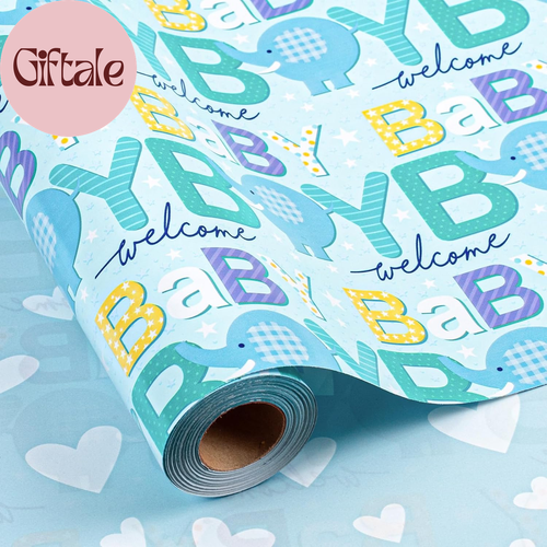 Reversible Baby Elephant Wrapping Paper Roll - Blue Wrapping Paper for ...