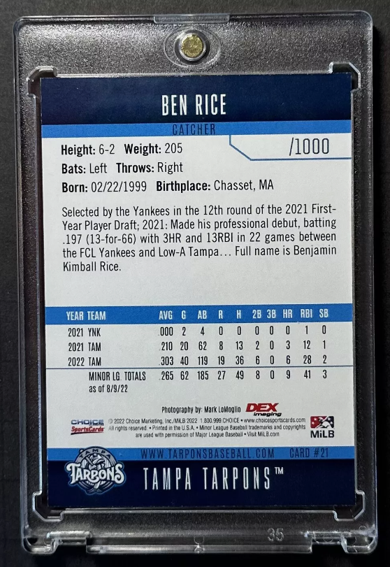2022 Ben Rice Minor League Rookie Card Tampa Tarpons NY Yankees 1/1000 ...