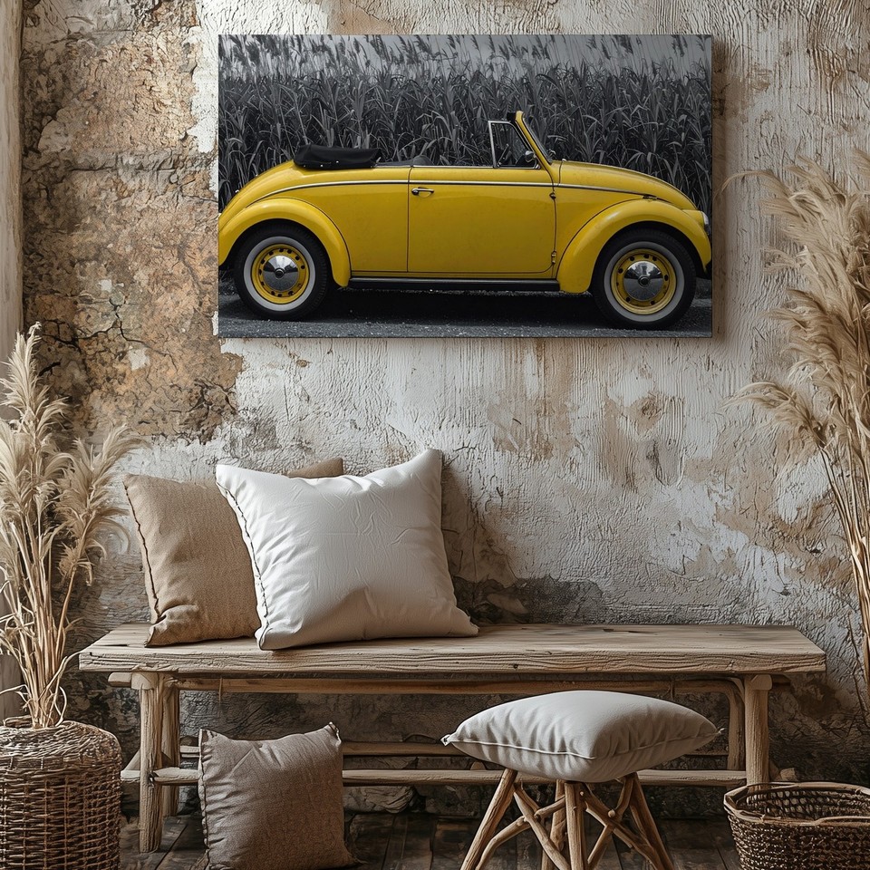 Yellow VW Beetle Canvas Selective Color Retro Convertible on Rural Road ...