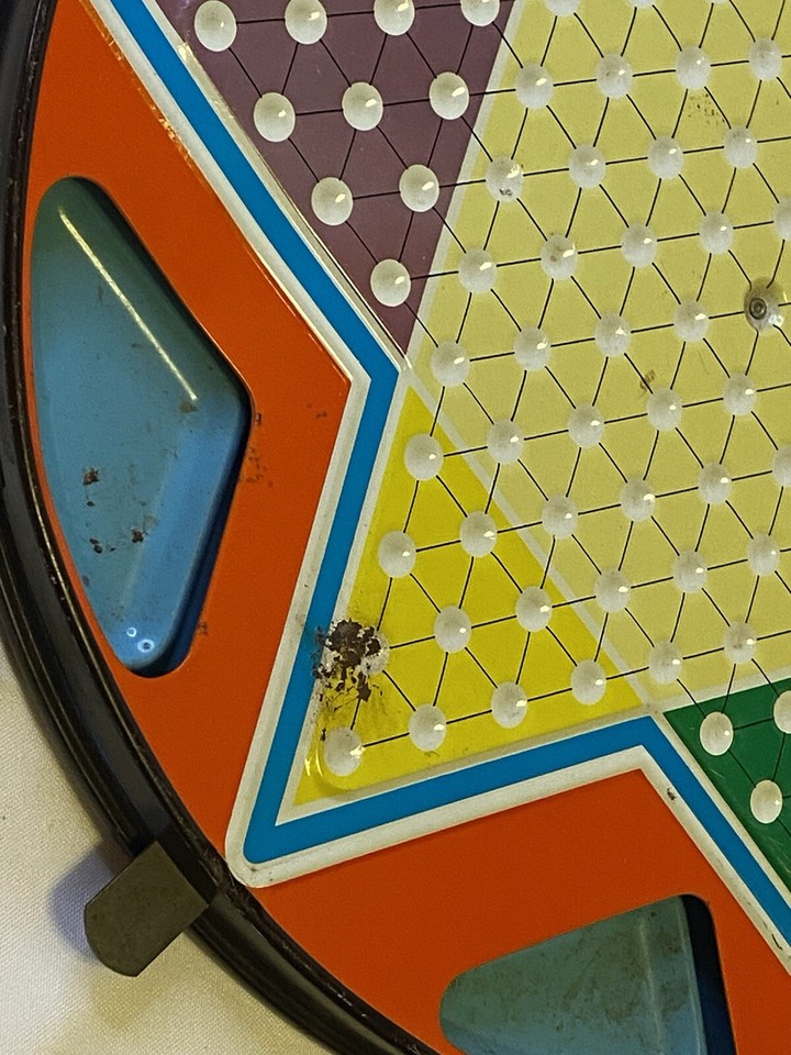 VINTAGE CHECKERS/CHINESE CHECKERS METAL BOARD WITH 1960 CHECKERS IN BOX ...